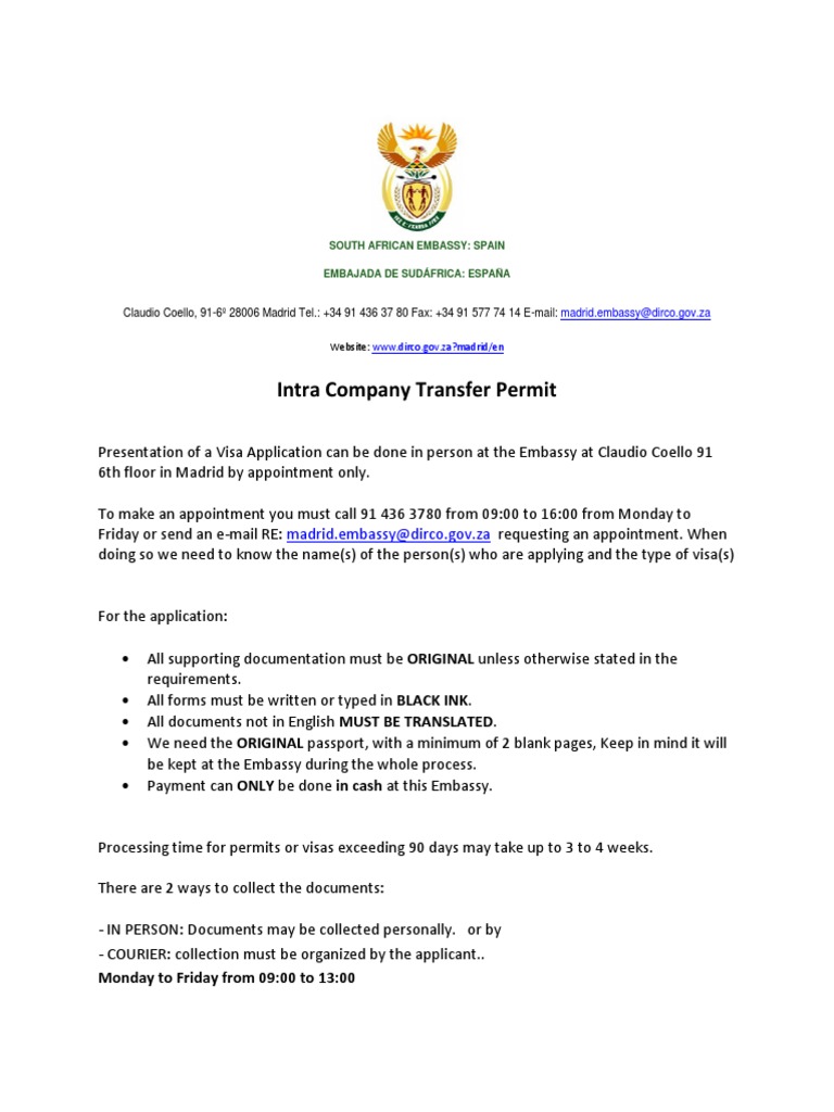Intra Company Transfer Permit: Madrid - Embassy@dirco - Gov.za | PDF ...