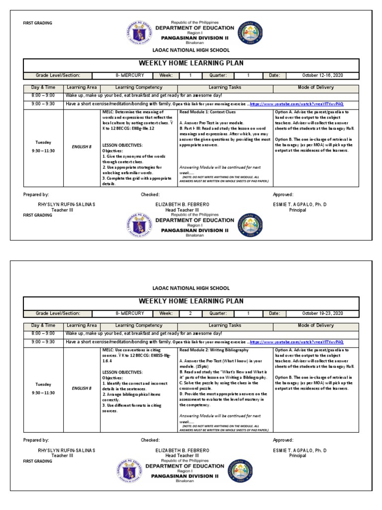 Weekly Home Learning Plan English 8 2020-2021 | PDF | Learning ...