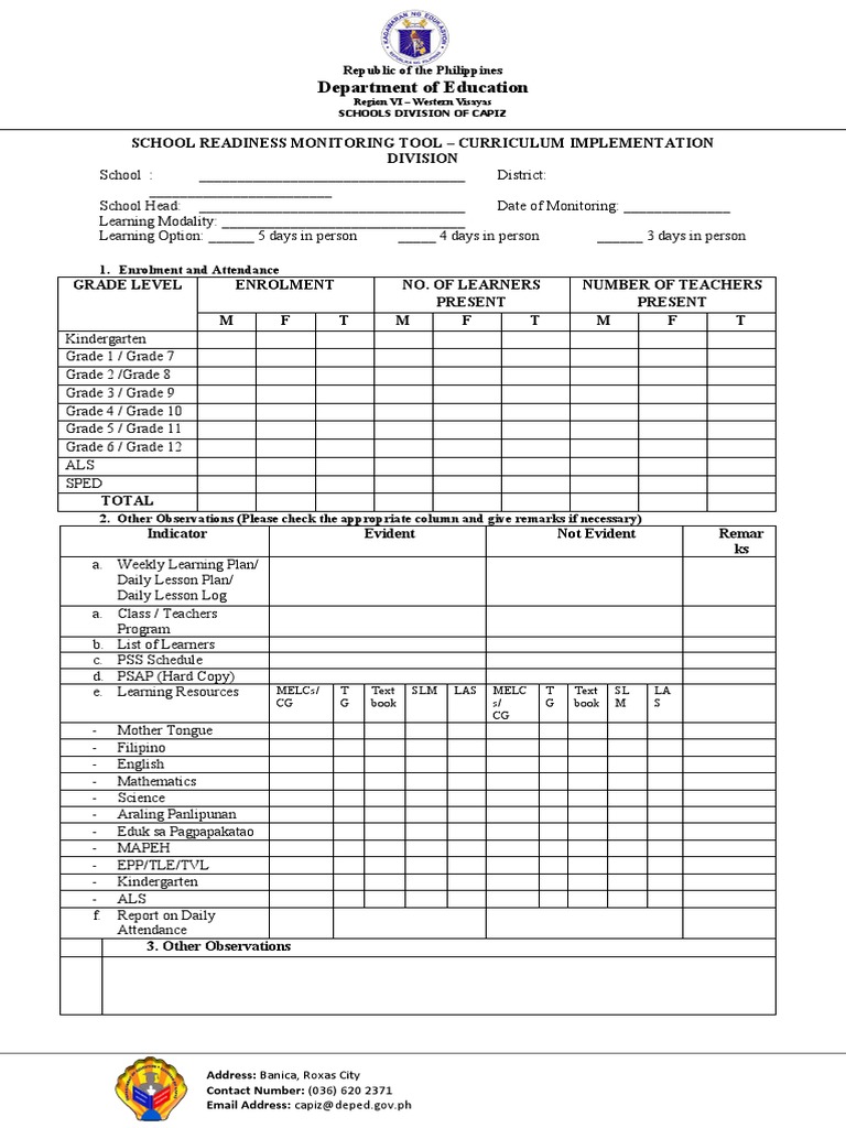 Department of Education: School Readiness Monitoring Tool - Curriculum ...
