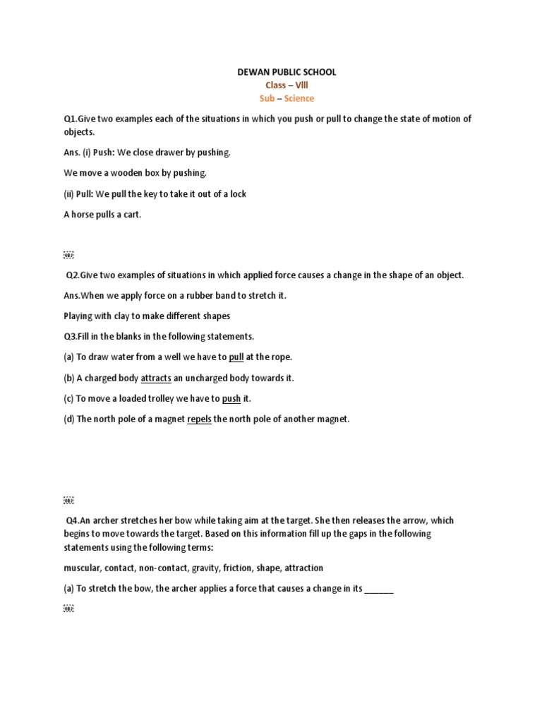 Ques - Ans of Ch-11, Force and Pressure, Class8 | PDF | Force | Bow And ...