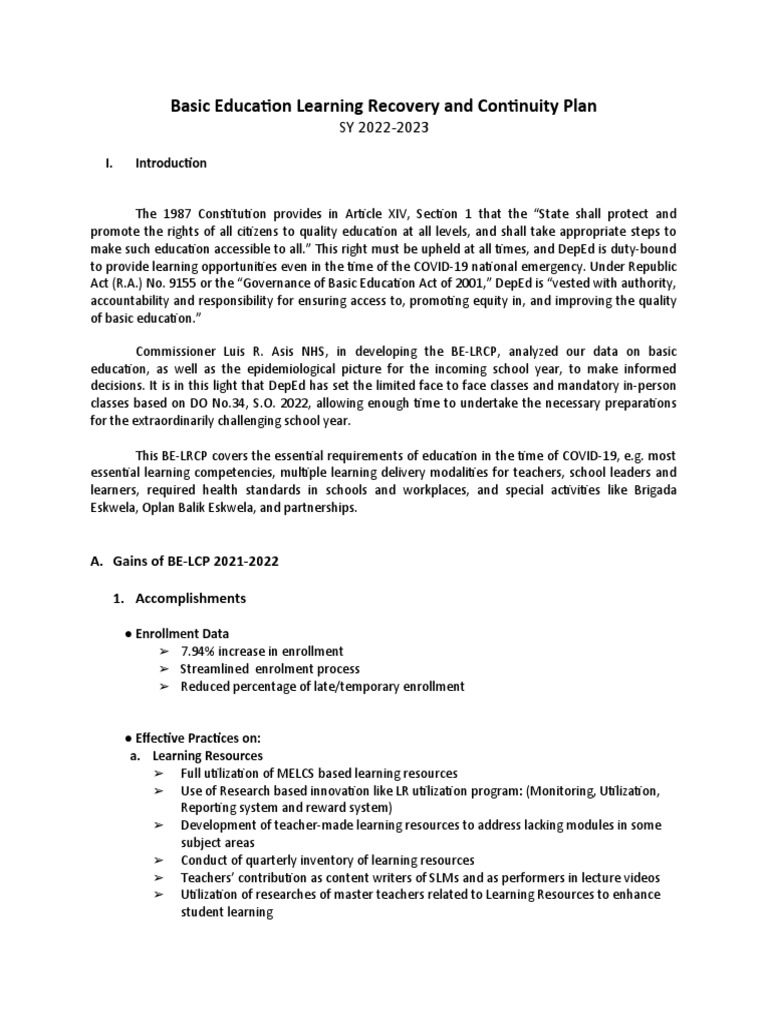 Basic Education Learning Recovery and Continuity Plan: A. Gains of BE ...