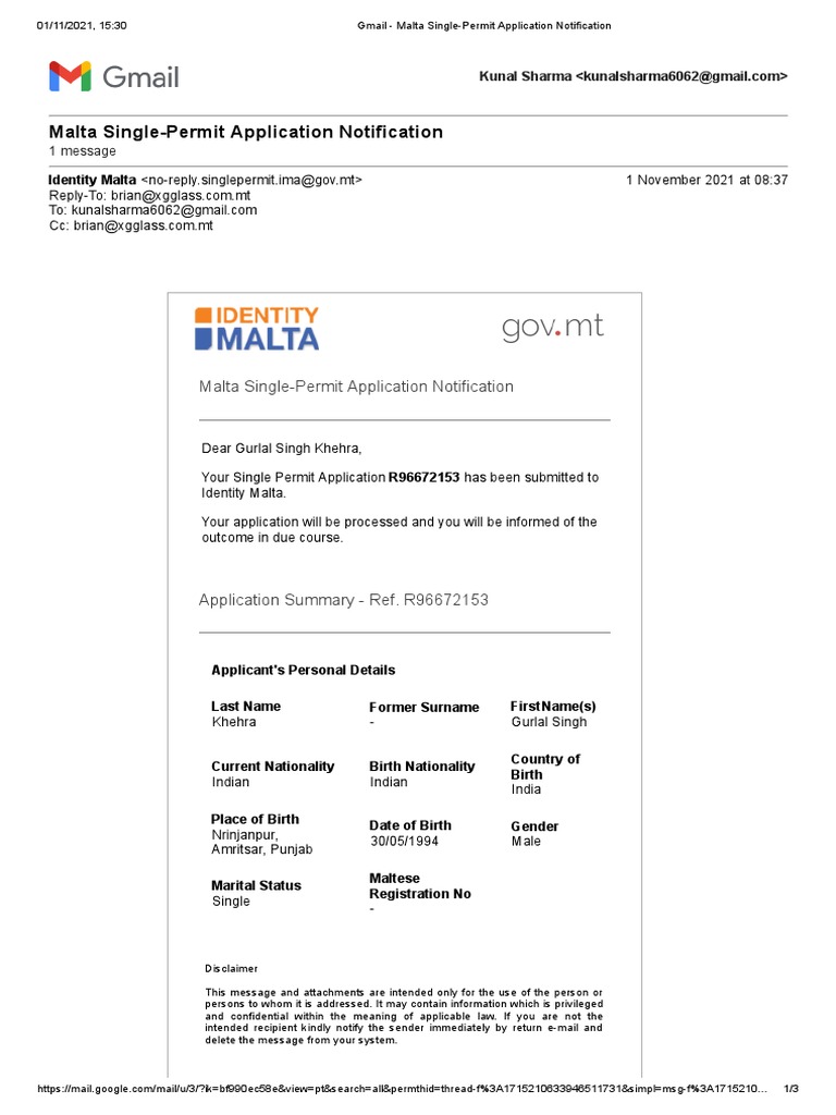 Malta Single Permit Application Status Update | PDF | Gmail | Government And Personhood