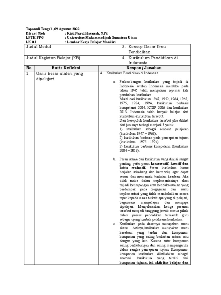 LK 1 Modul 1 KB 4 Konsep Dasar Ilmu Pendidikan Kurikulum Pendidikan Indonesia | PDF