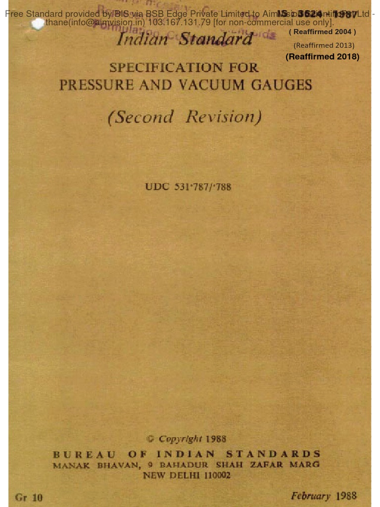 IS 3624 - Specification For Pessure & Vaccum | PDF | Pressure ...