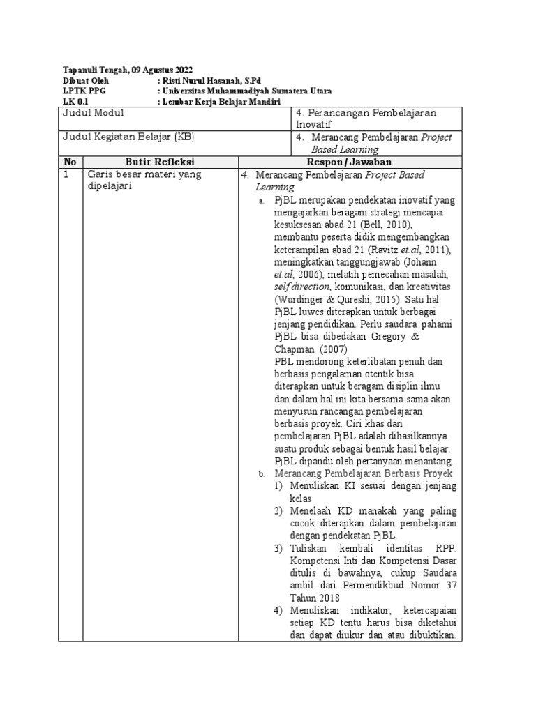 LK 1 Modul 4 KB 4 Merancang Pembelajaran Project Based Learning | PDF ...