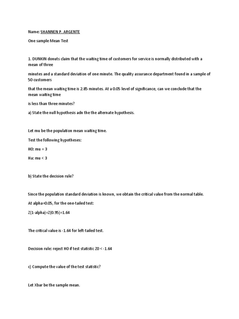 Shannen Argente (One Sample Mean Test) | Download Free PDF | P Value ...