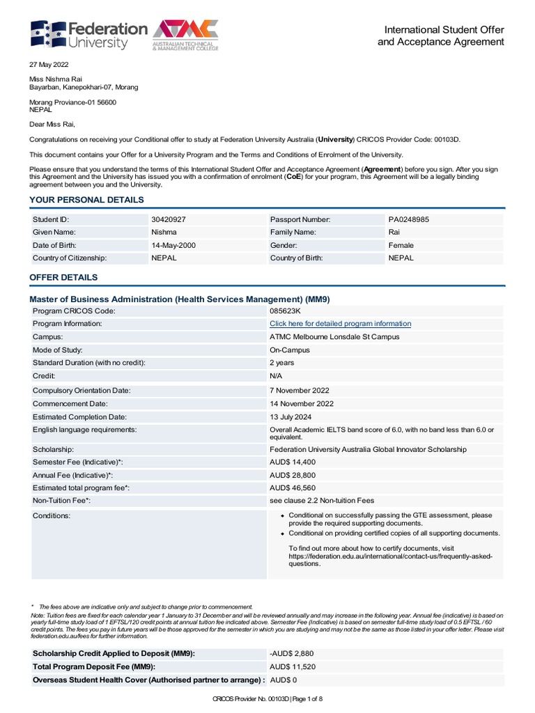 International Student Offer and Acceptance Agreement Details | PDF | Complaint | Fee