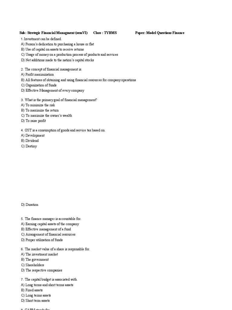 Sub: Stretegic Financial Managment (Semvi) Class: Tybms Paper: Model ...