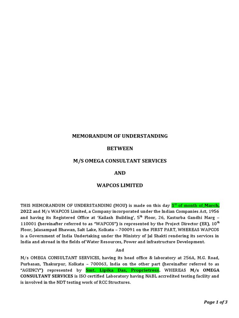 (DRAFT) MOU - Omega Consultants & WAPCOS Ltd. | PDF