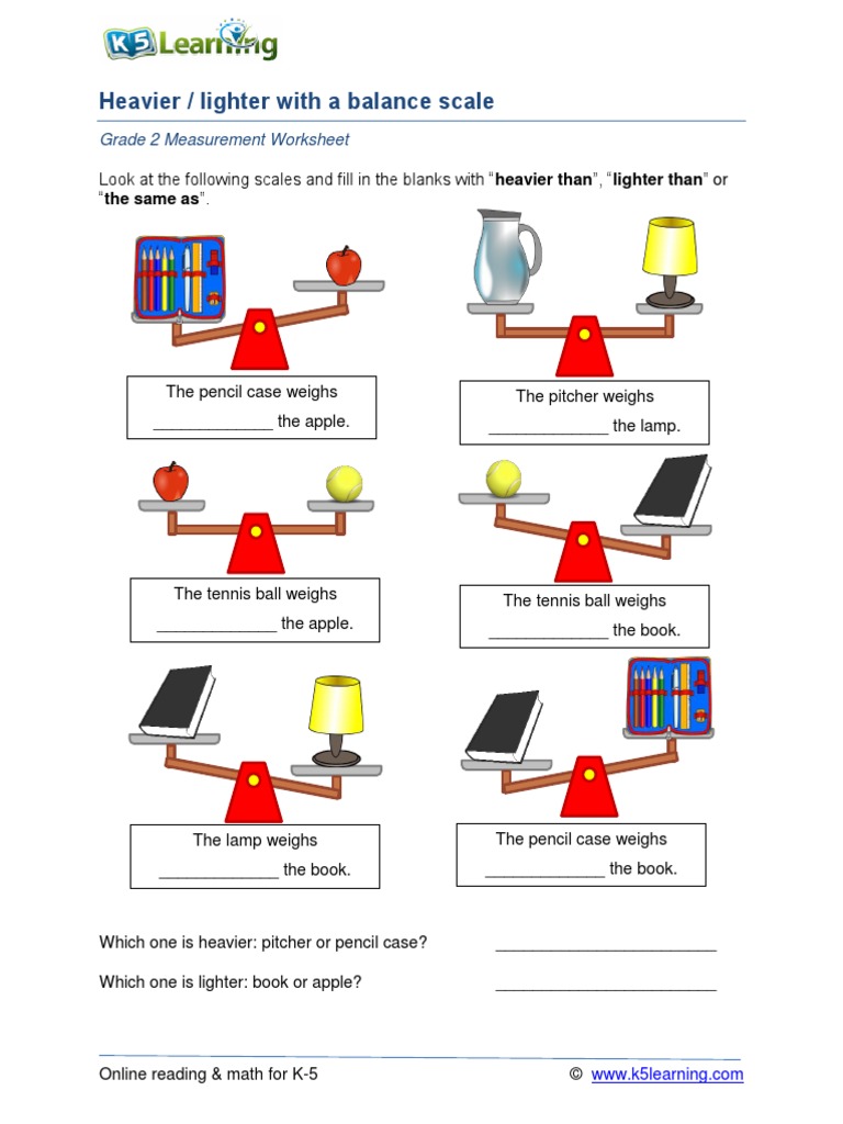 Heavier / Lighter With A Balance Scale: Grade 2 Measurement Worksheet | PDF