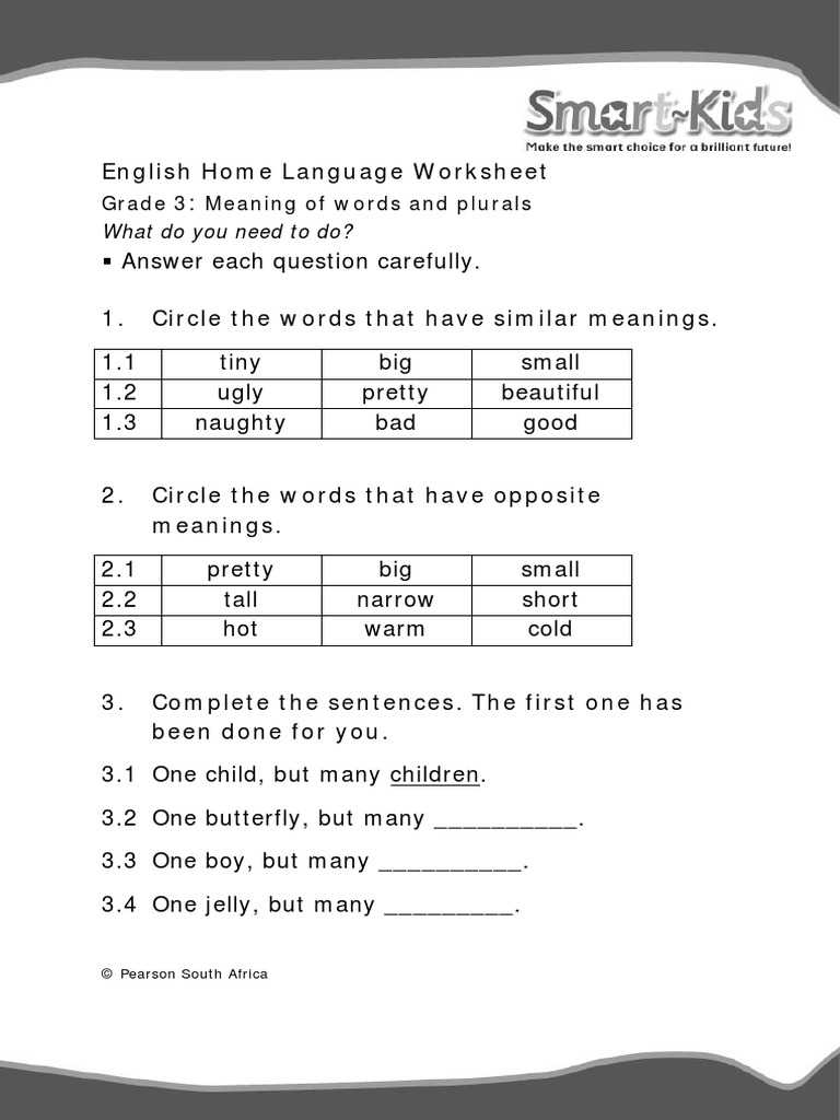 English Home Language Worksheet:: Grade 3 Meaning of Words and Plurals ...