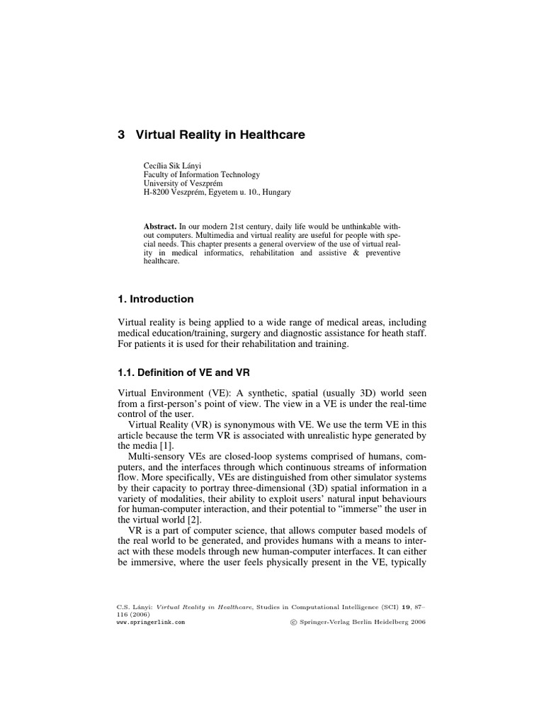 3 Virtual Reality in Healthcare: 1.1. Definition of VE and VR | PDF | Virtual Reality | Simulation