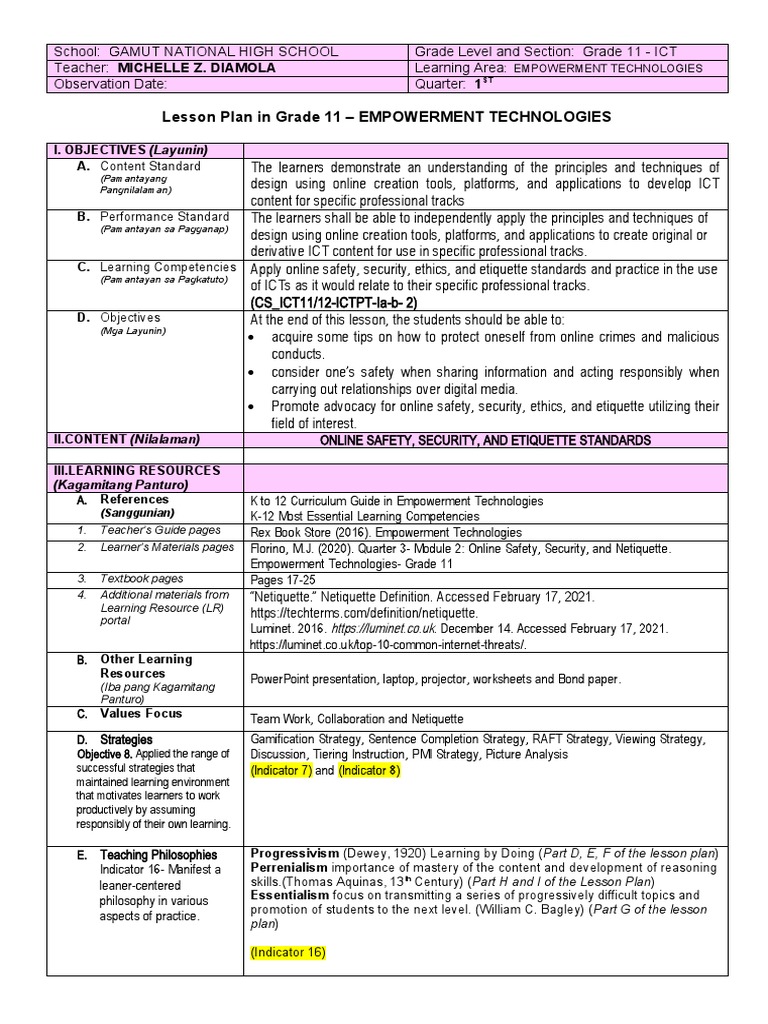 Grade 11 Empowerment Tech Lesson Plan | PDF | Learning | Educational Technology