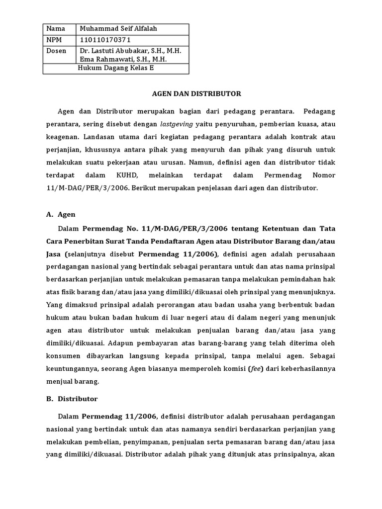 Muhammad Seif Alfalah - 110110170371 - Perbedaan Agen Dan Distributor | PDF Muhammad Seif Alfalah - 110110170371 - Perbedaan Agen Dan Distributor | PDF