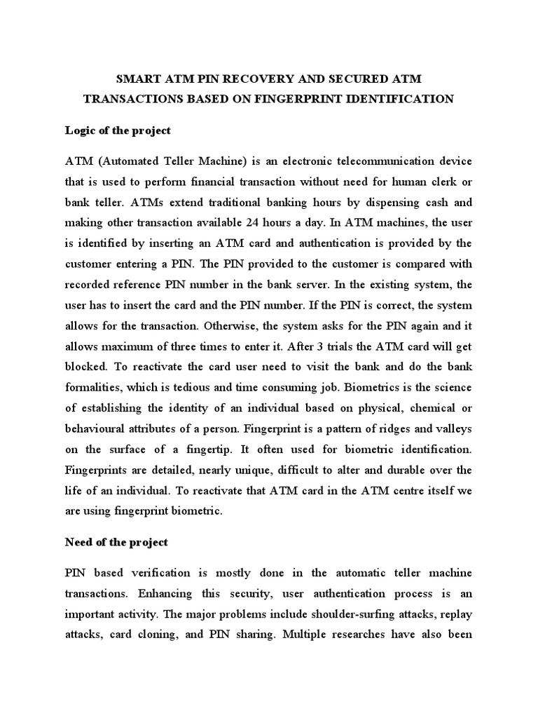 Proposal - SMART ATM PIN RECOVERY AND SECURED ATM TRANSACTIONS BASED ON FINGERPRINT ...
