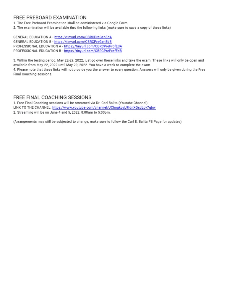 Free Preboard Examination Final Coaching CBRC | PDF