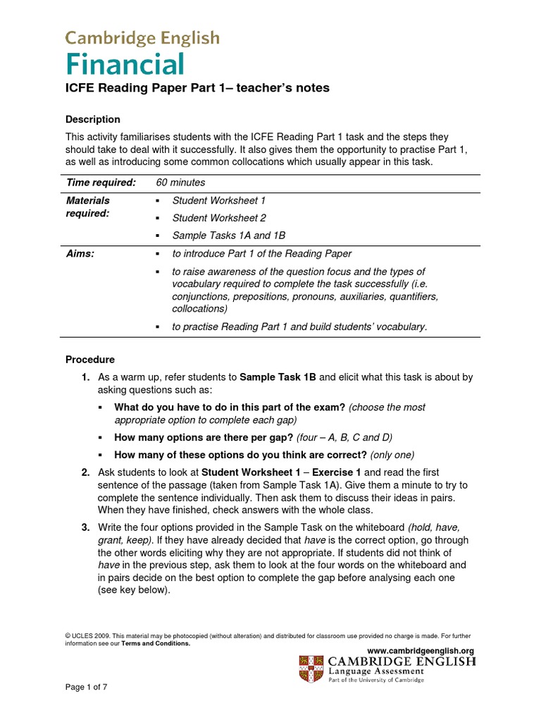 ICFE Reading Paper Part 1 - Teacher's Notes: Time Required: Materials ...