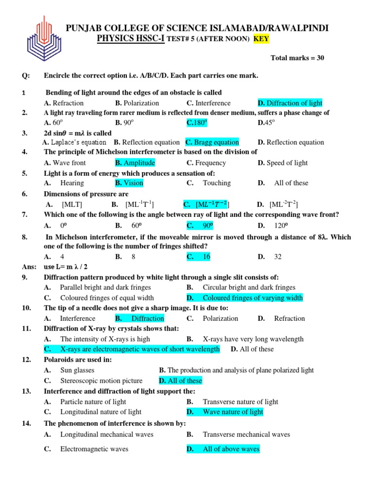 Physics Quiz for HSSC Students | PDF | Waves | Diffraction