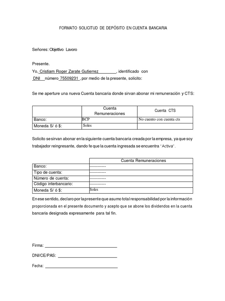 D. Formato Solicitud de Depósito en Cuenta Bancaria | PDF