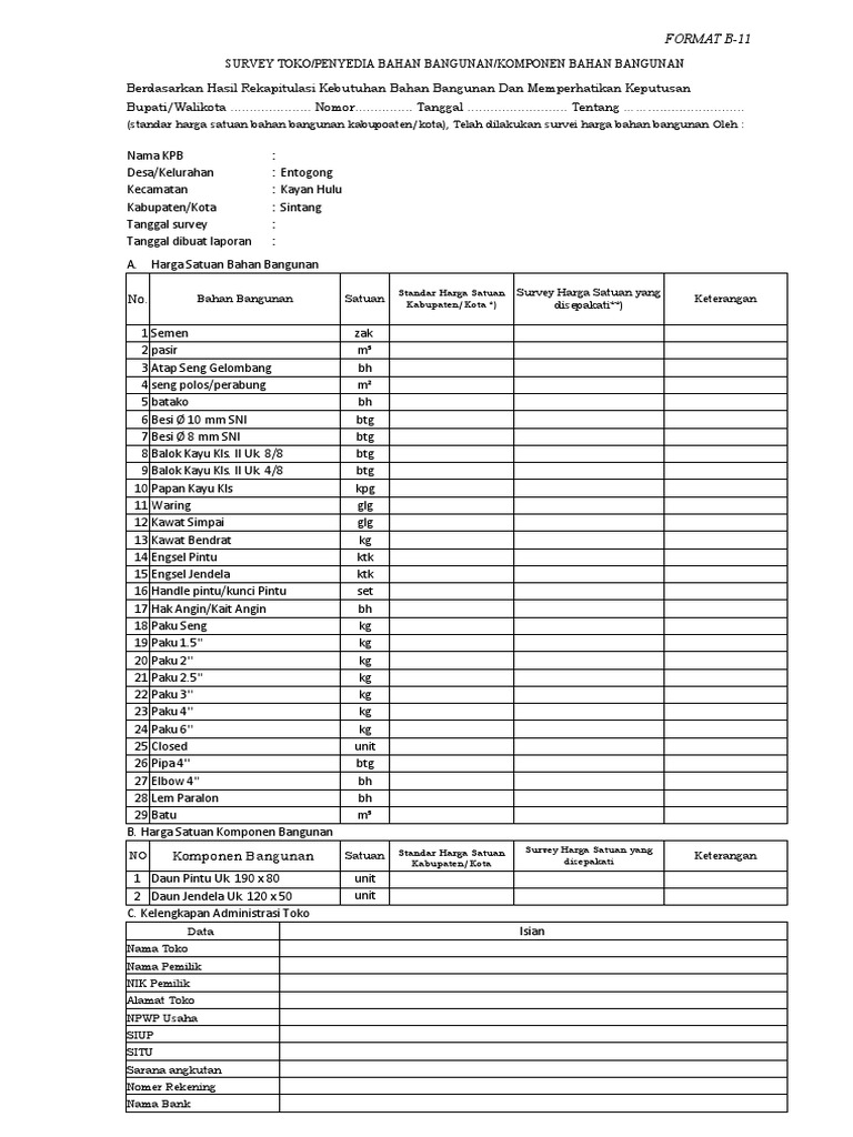 Format Survey Harga Bahan Bangunan | PDF