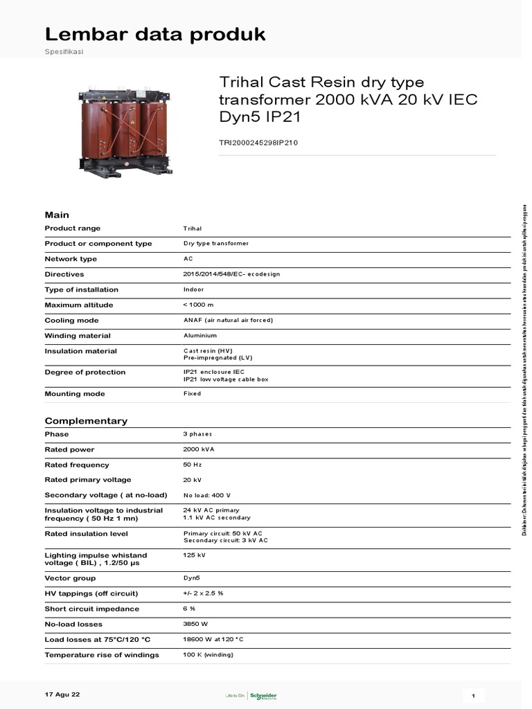 Lembar Data Produk: Trihal Cast Resin Dry Type Transformer 2000 kVA 20 ...
