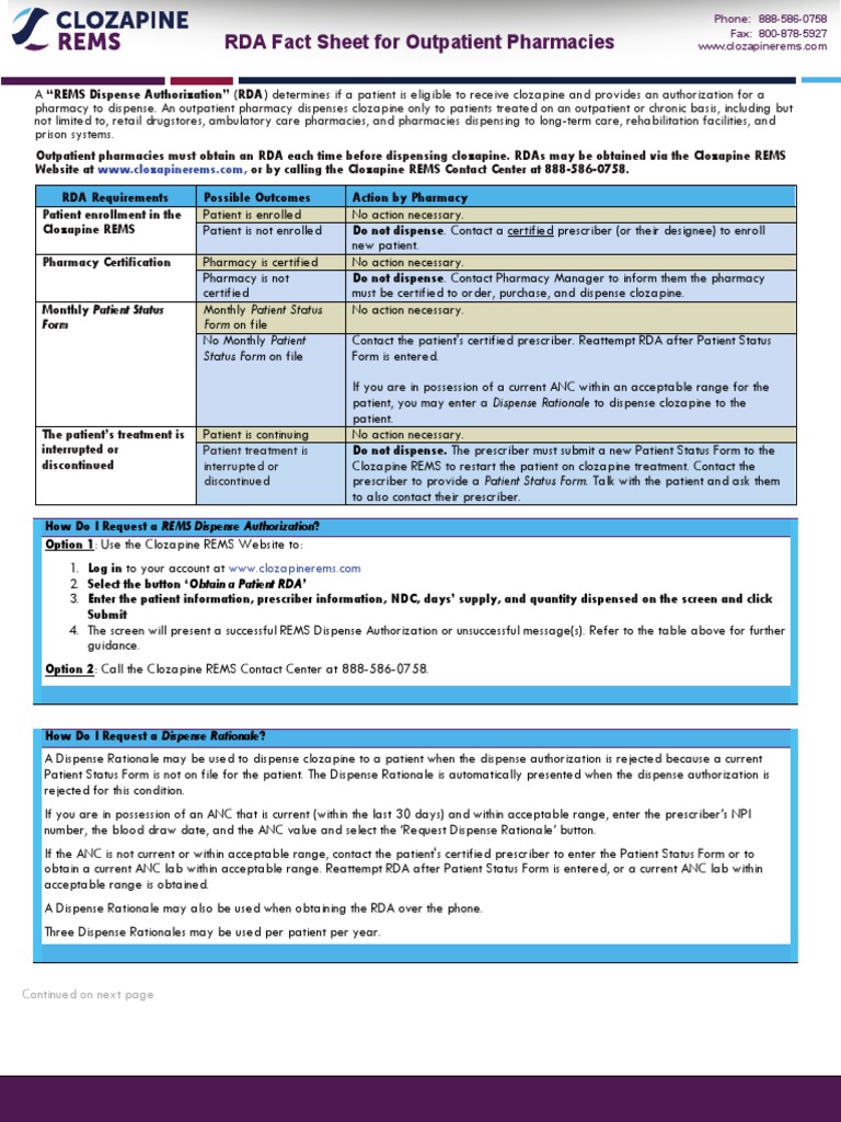 Clozapine-Fact-Sheet Outpatient Pharmacy | PDF | Pharmacy | Clozapine