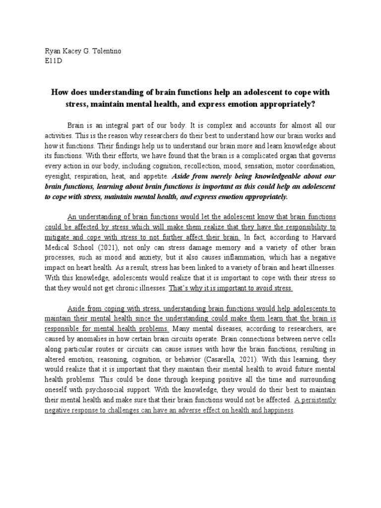 How Does Understanding of Brain Functions Help An Adolescent To Cope With Stress, Maintain ...