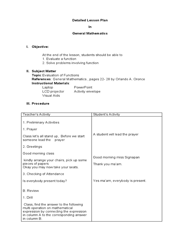 Detailed Lesson Plan in General Mathematics | PDF | Function ...