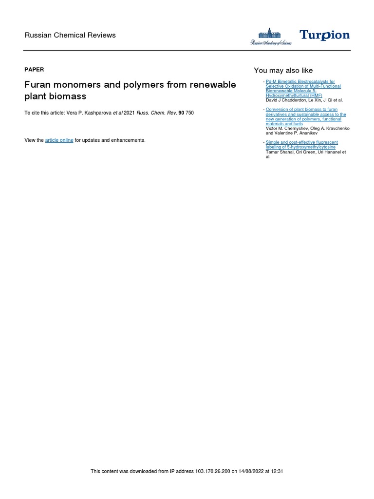 Furan Monomers and Polymers From Renewable Plant Biomass | PDF ...