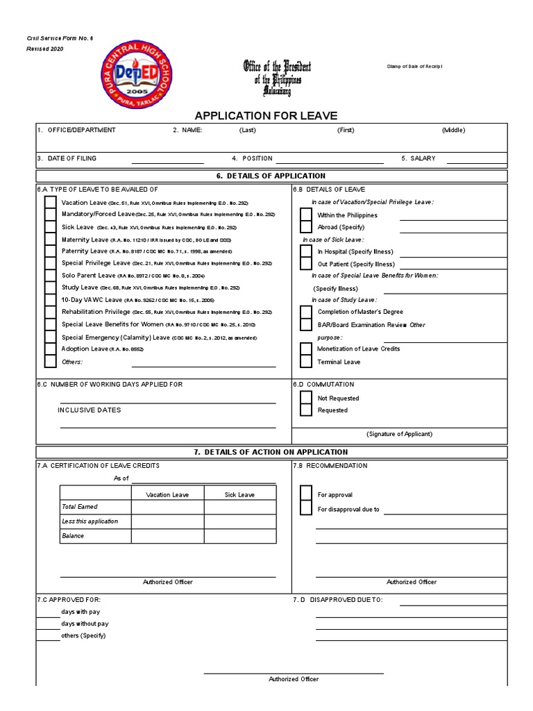 CS Form No. 6 Revised 2020 Application For Leave | PDF | Parental Leave ...