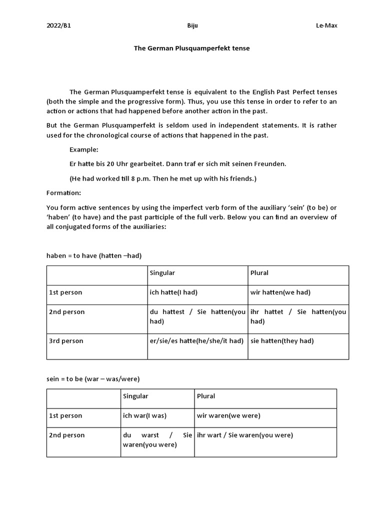 German Plusquamperfekt Tense | PDF