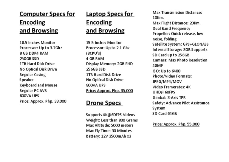 PC, Laptop, and Drone Specs | PDF