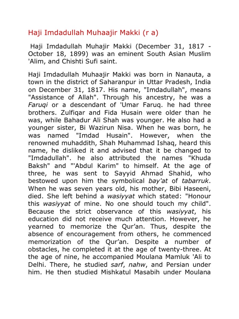 Haji Imdadullah Muhajir Makki Biography | PDF | History | Religion ...