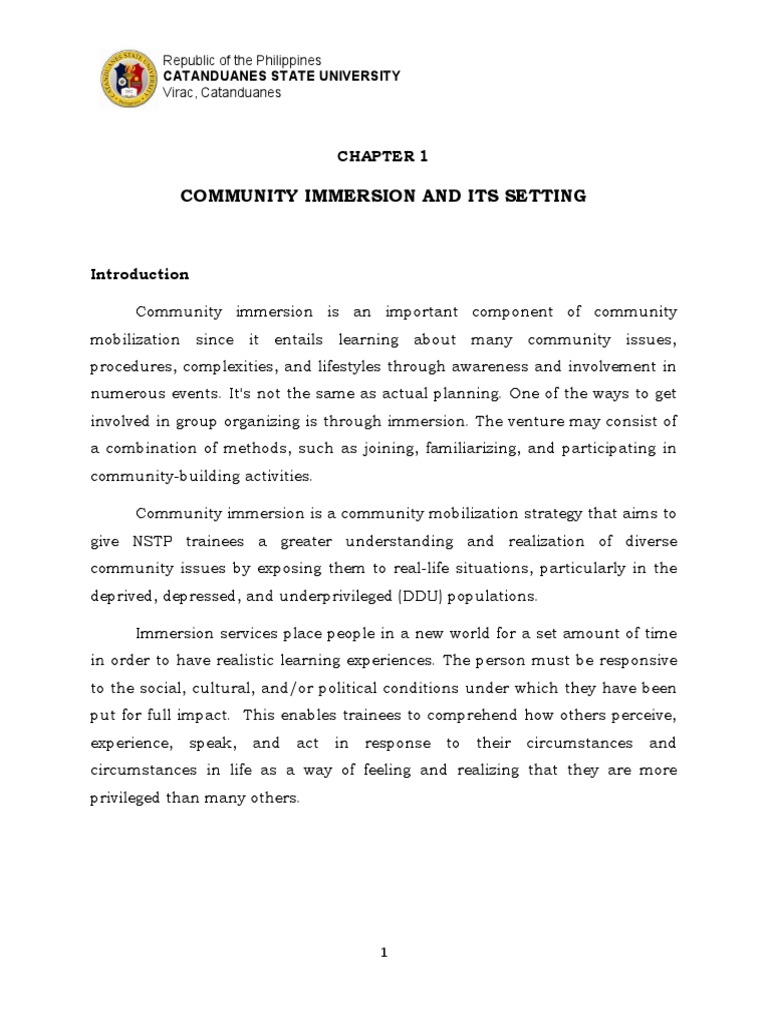 Community Immersion and Its Setting: Catanduanes State University | PDF ...
