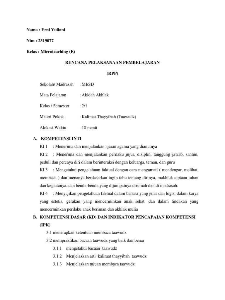 (Erni Yuliani 2319077) RPP Akidah Akhlak Kelas 2 Semester 1 | PDF