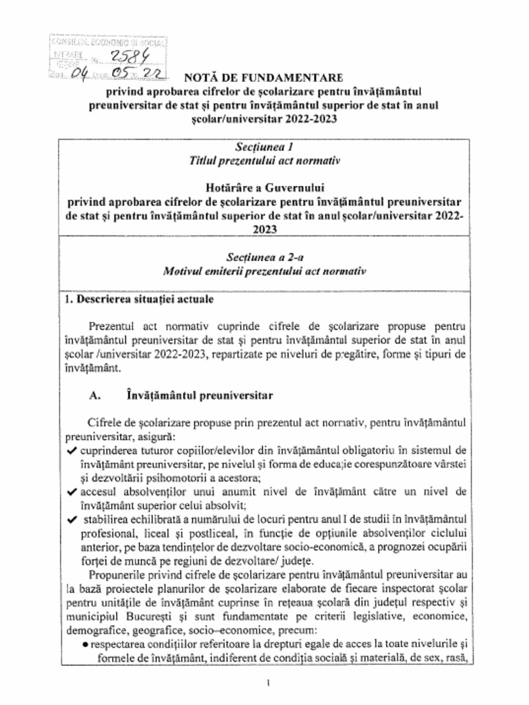 Nota Fundamentare Cifre de Scolarizare | PDF