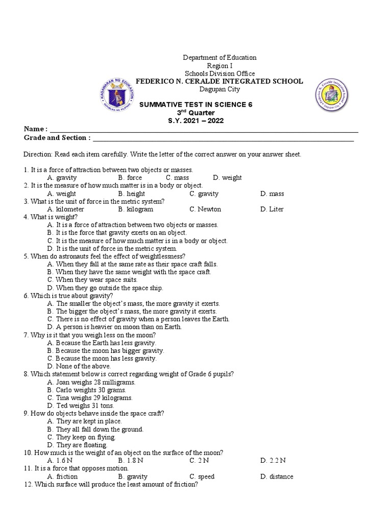 Name: - Grade and Section | PDF | Weight | Friction