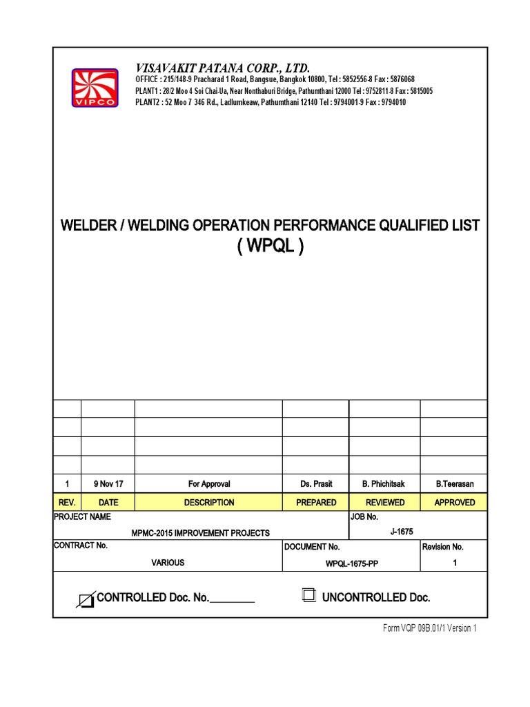 (WPQL) : Welder / Welding Operation Performance Qualified List | PDF ...