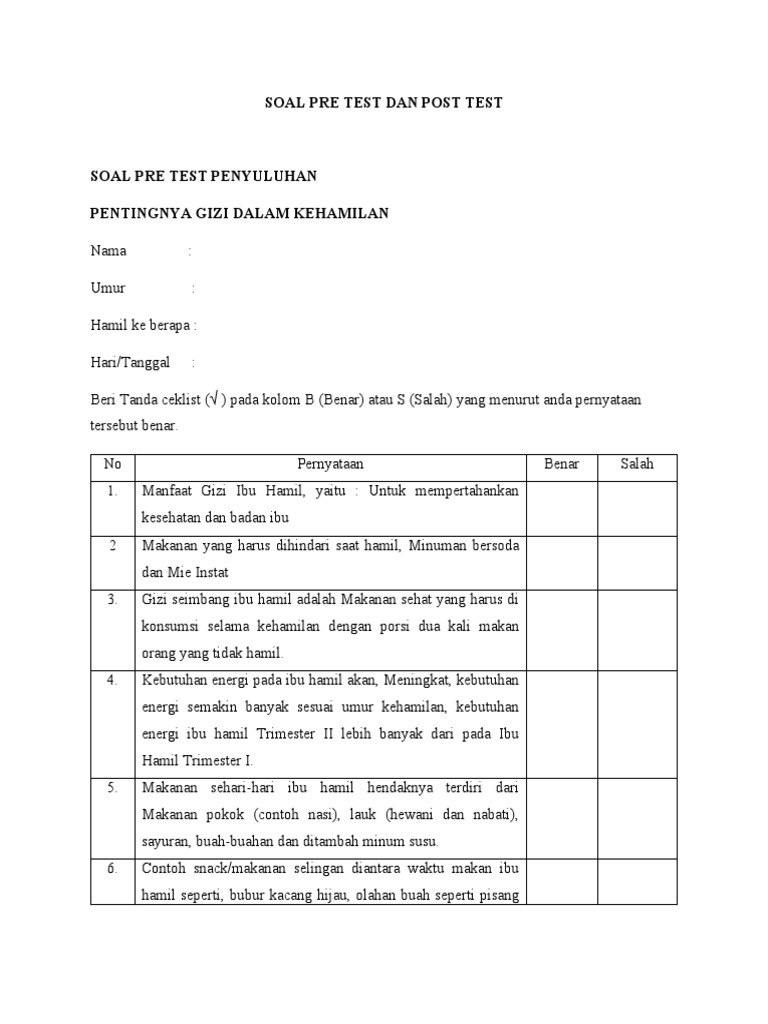 SOAL Pre Test Dan Post Test Penyuluhan Gizi Seimbang Pada Ibu Hamil | PDF