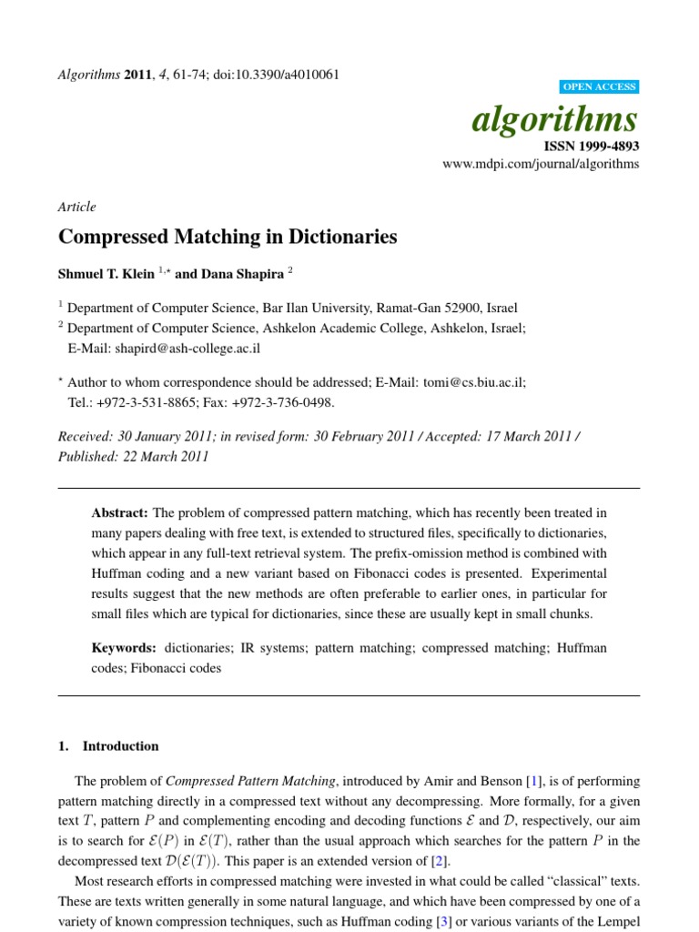 Algorithms: Compressed Matching in Dictionaries | PDF | Code | Data ...