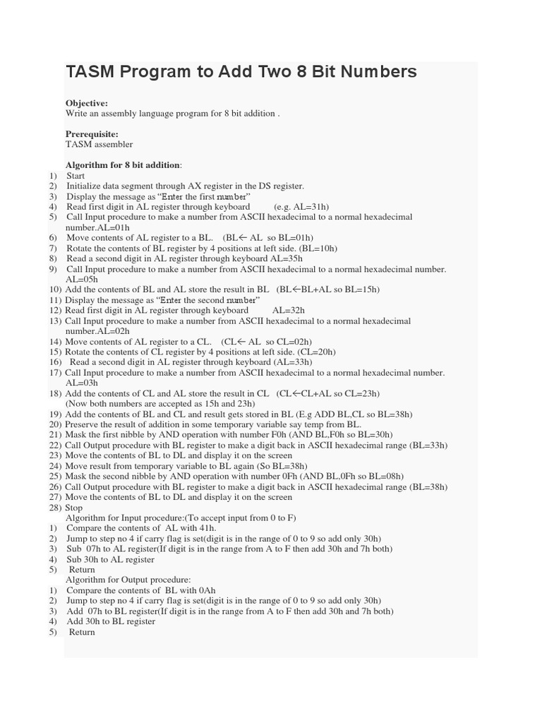 TASM Program To Add Two 8 Bit Numbers | PDF | Assembly Language ...