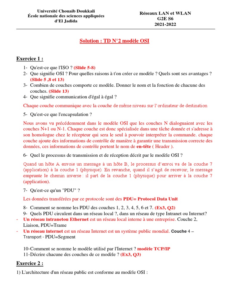 Solution - TD N 2 Modèle OSI | PDF | Modèle OSI | Réseau informatique