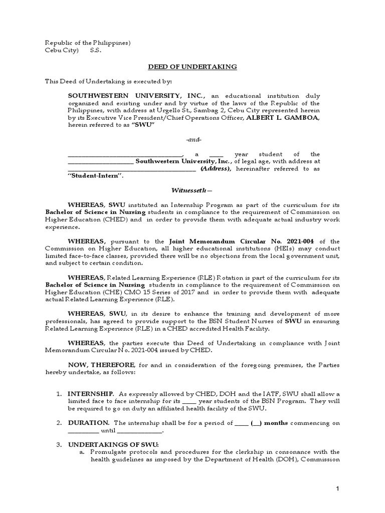 SWU Nursing Internship Deed of Undertaking | PDF | Nursing | Infection