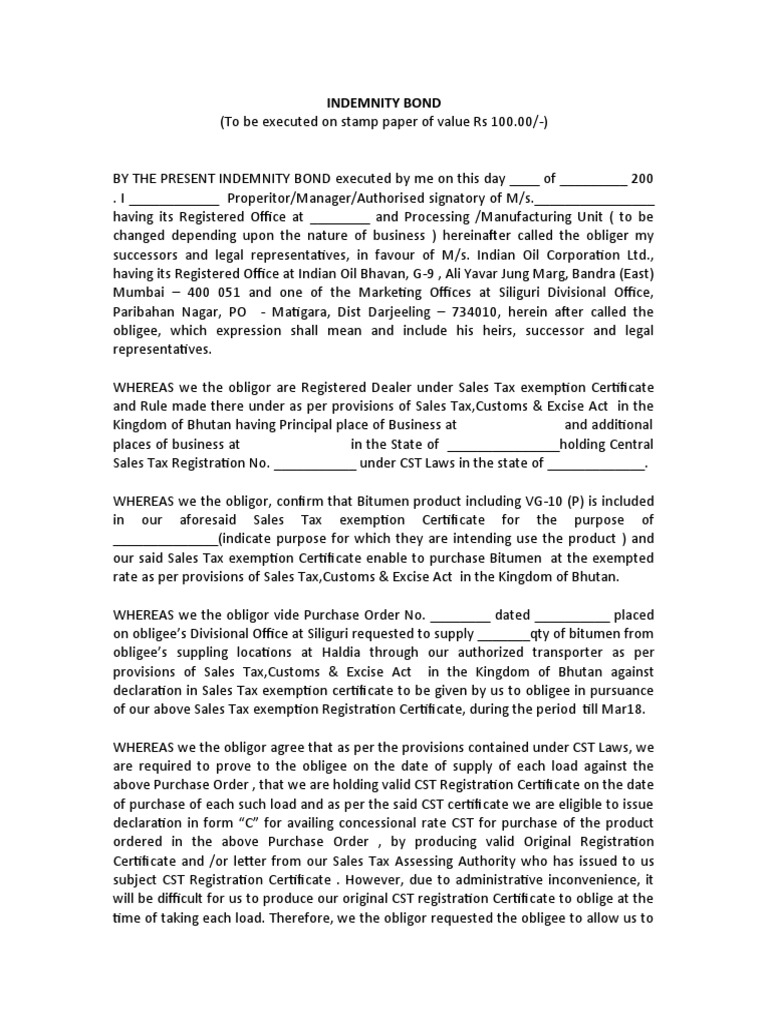 Draft Indemnity Bond For Bitumen | PDF | Taxes | Economies