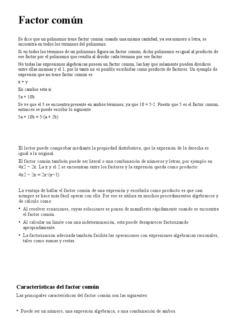 Definición y Ejemplos de Factor Común | PDF | Factorización ...