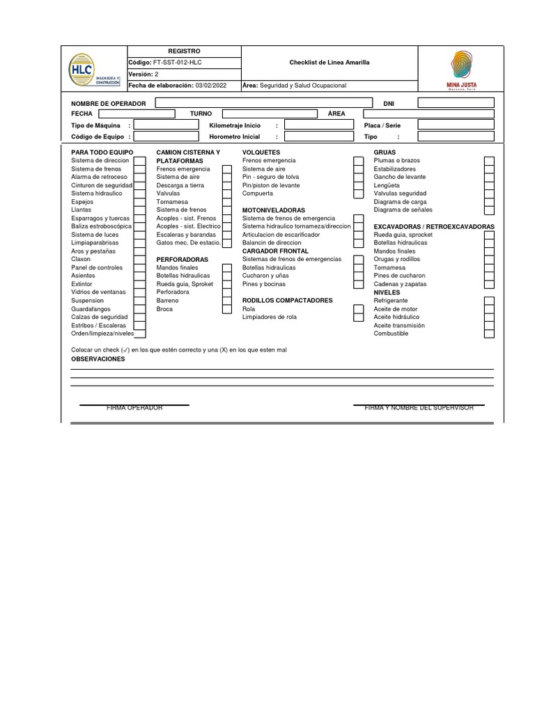 FT-SST-012 Check List Linea Amarilla | PDF | Coche | Transporte FT-SST-012 Check List Linea Amarilla | PDF | Coche | Transporte
