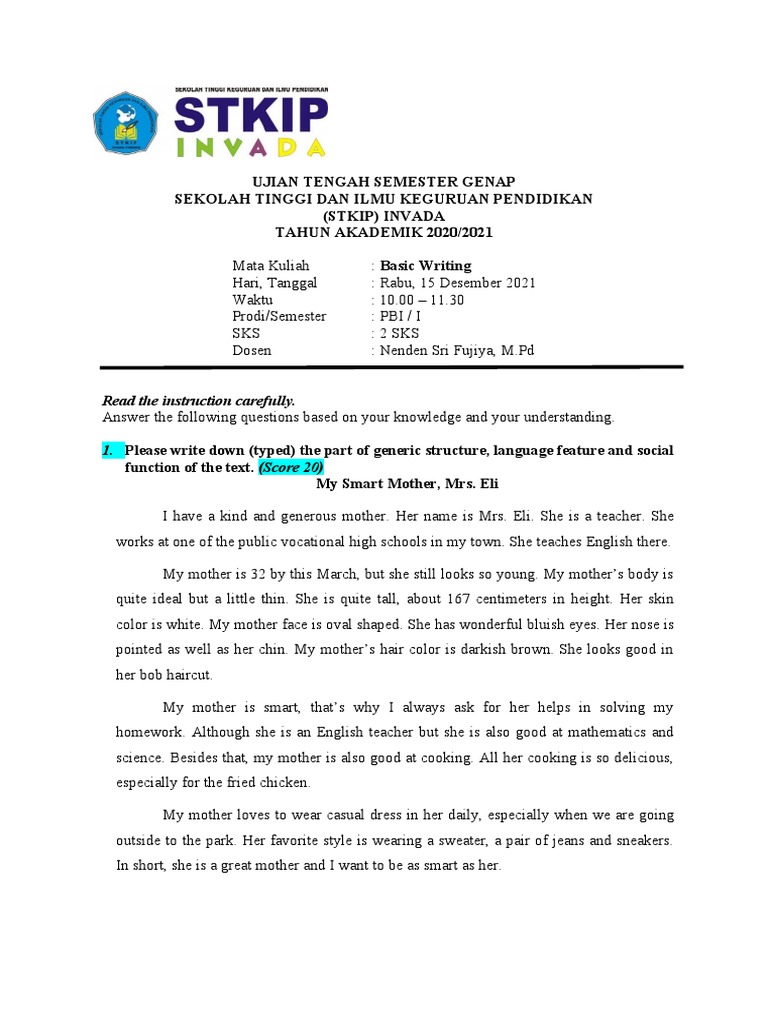 SOAL UTS BASIC WRITING - NENDEN SRI FUJIYA, M.PD | PDF