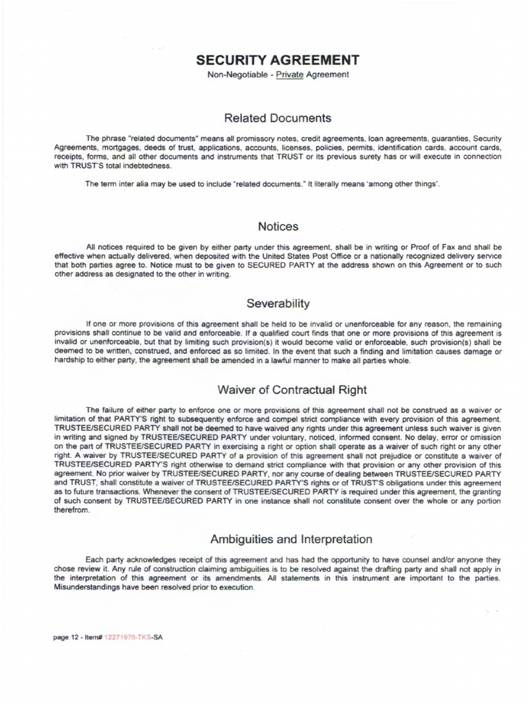 Security Agreement For Tarus Kevin Sadler Trust / Page #12 | PDF