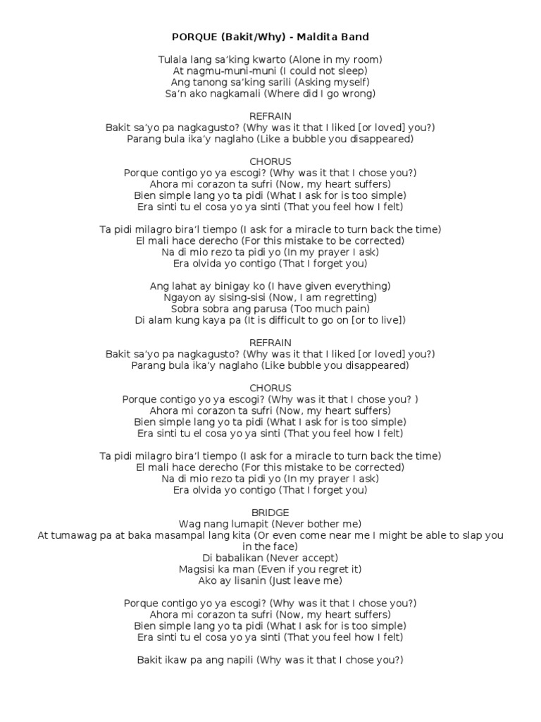 Maldita Band Porque Why Tagalog Ver Lyrics Pdf