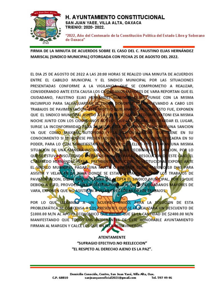 Minuta de Acuerdos Ayuntamiento Yaee | PDF | Gobierno local | Alcalde
